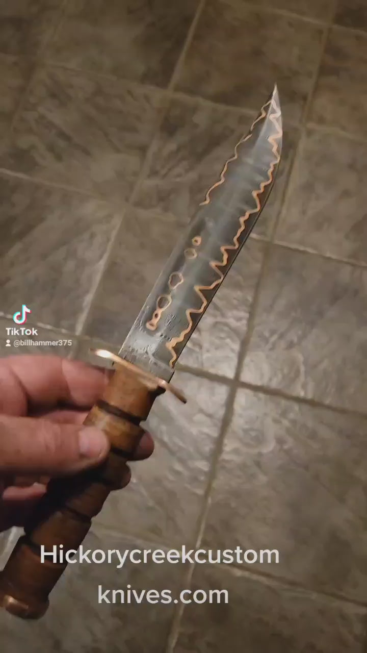 Copper Damascus Leather stack Servivel knife – Hickory creek custom knives